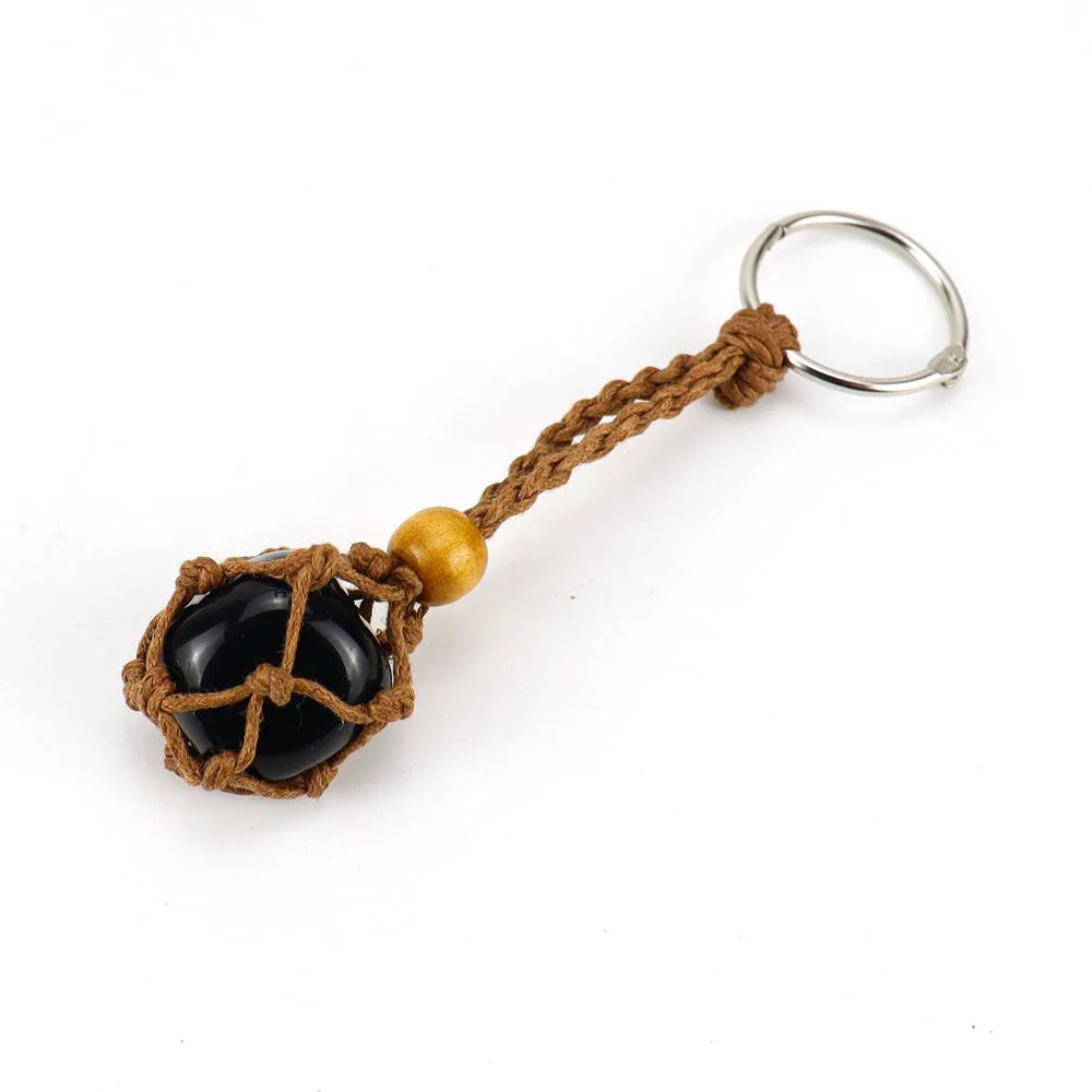 Natural Stone Keychain: Brown Wax Rope Keyring with Amethyst, Rose ...