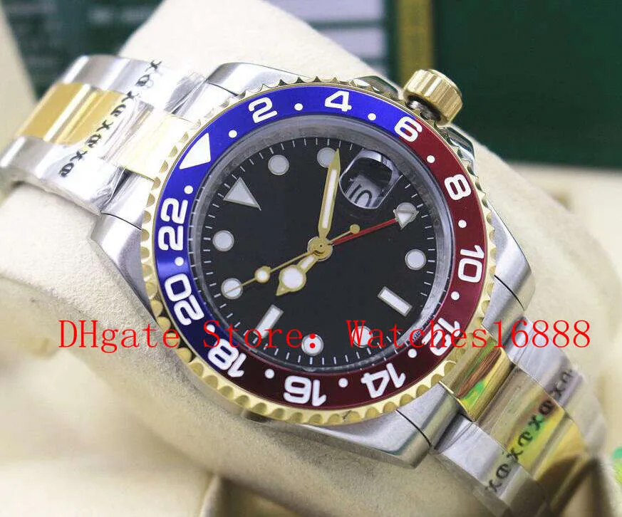 GMT Work 18k Yellow Gold And Stainless Steel Black Green Blue Dial Mens ...