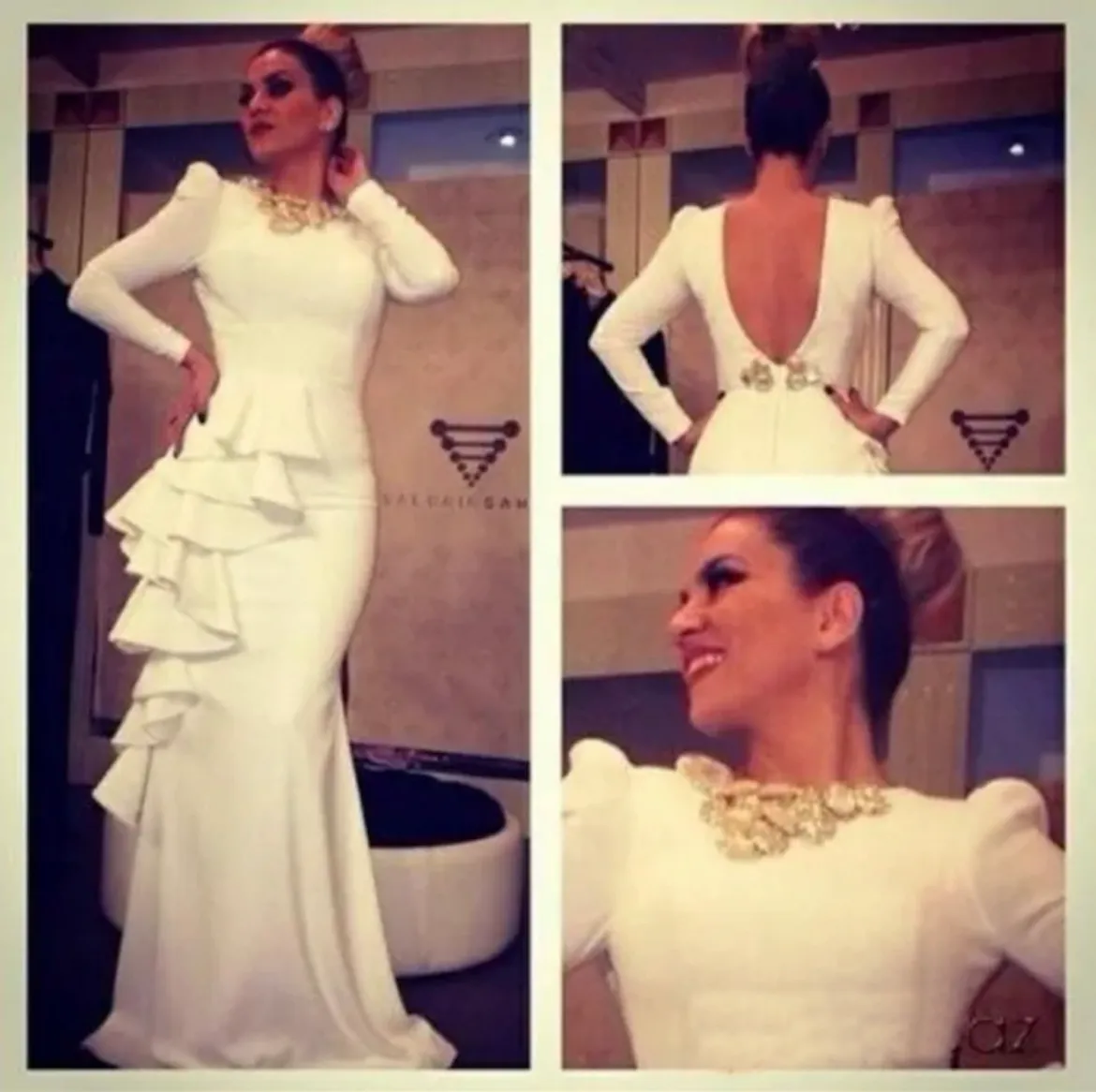 White Long Sleeve Mermaid Prom Dress Backless Sassy Party Gown Evening ...