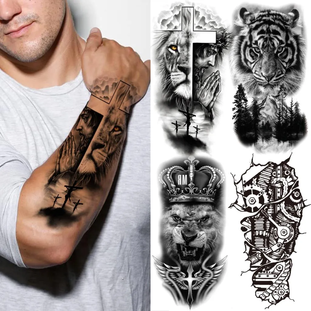 Tatoos Black Lion Tattoo Realistischer Gott Kreuz Löwe Vorübergehende ...