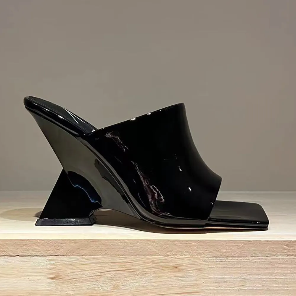 Abnormal Heels Cowhide Patent Leather Slippers Mule Wedge Slope Root ...