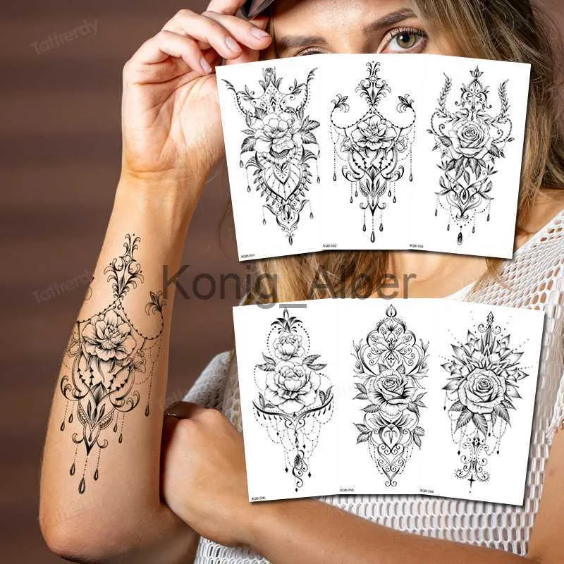 Temporary Tattoos Fake Henna Sticker Black Arm Sleeve Hand Mandala Lace ...