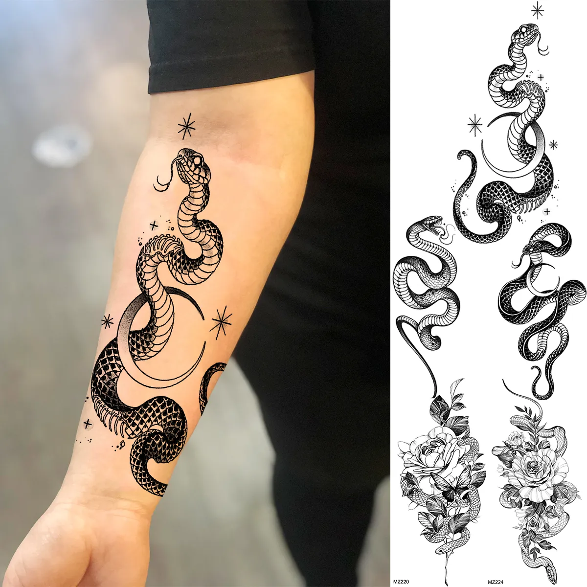 Waterproof Realistic Snake, Moon, And Forearm Snake Temporary Tattoo ...