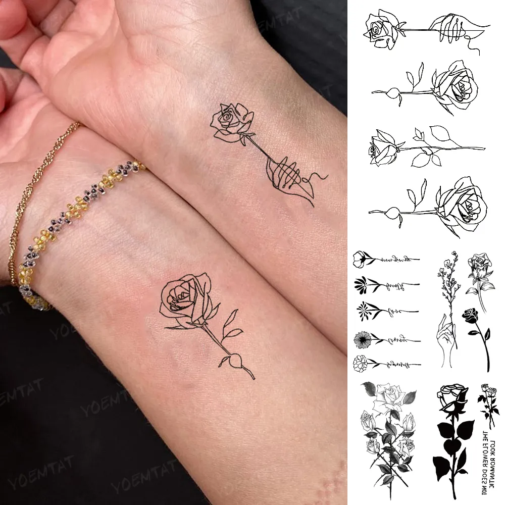 Waterproof Temporary Tattoo Sticker: Small Mini Rose Bouquet Linear ...