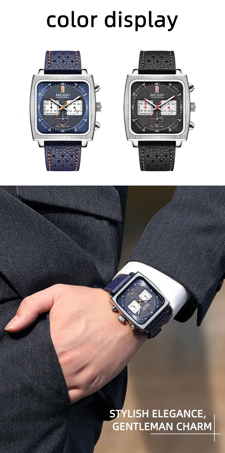 Wristwatches MEGIR Square Dial Chronograph Quartz Watches For Men ...