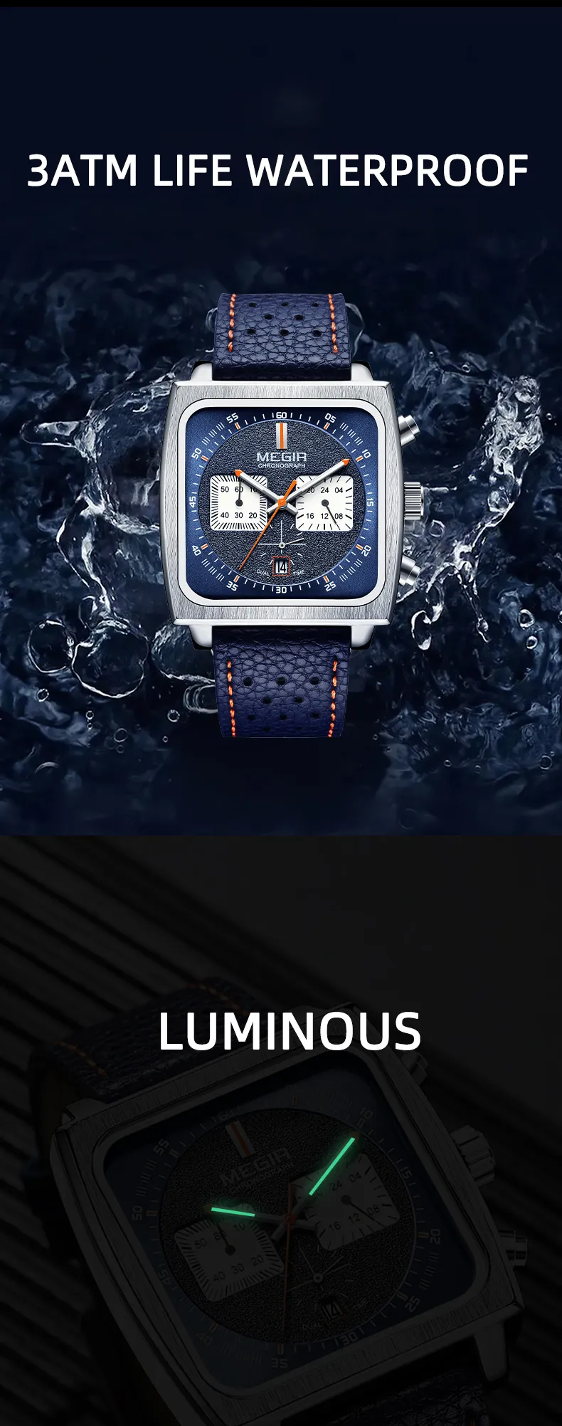 Megir Square Dial Chronograph Quartz Watch for Men, Fashion Blue ...