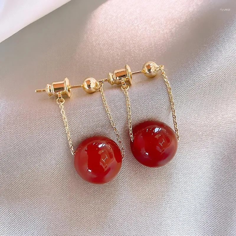Red Agate Dangle Earrings 2024 Natural Stone Hanging Earring with Metallic Round Ball
