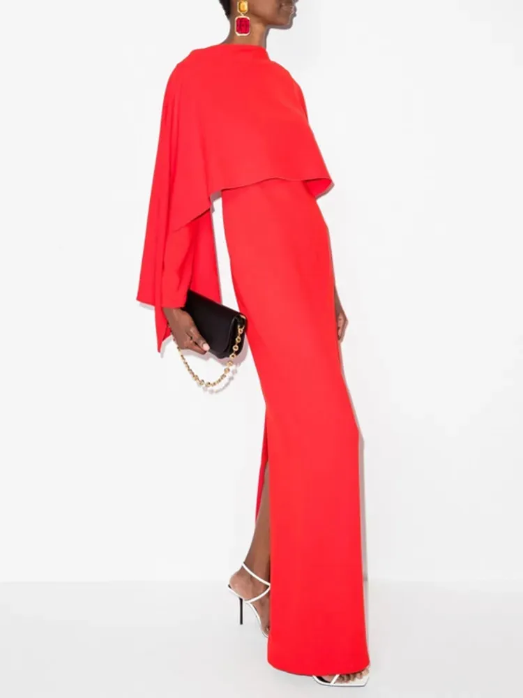 Red Crepe Sheath Red Evening Dress Midi With Cape And Pleats Elegant ...