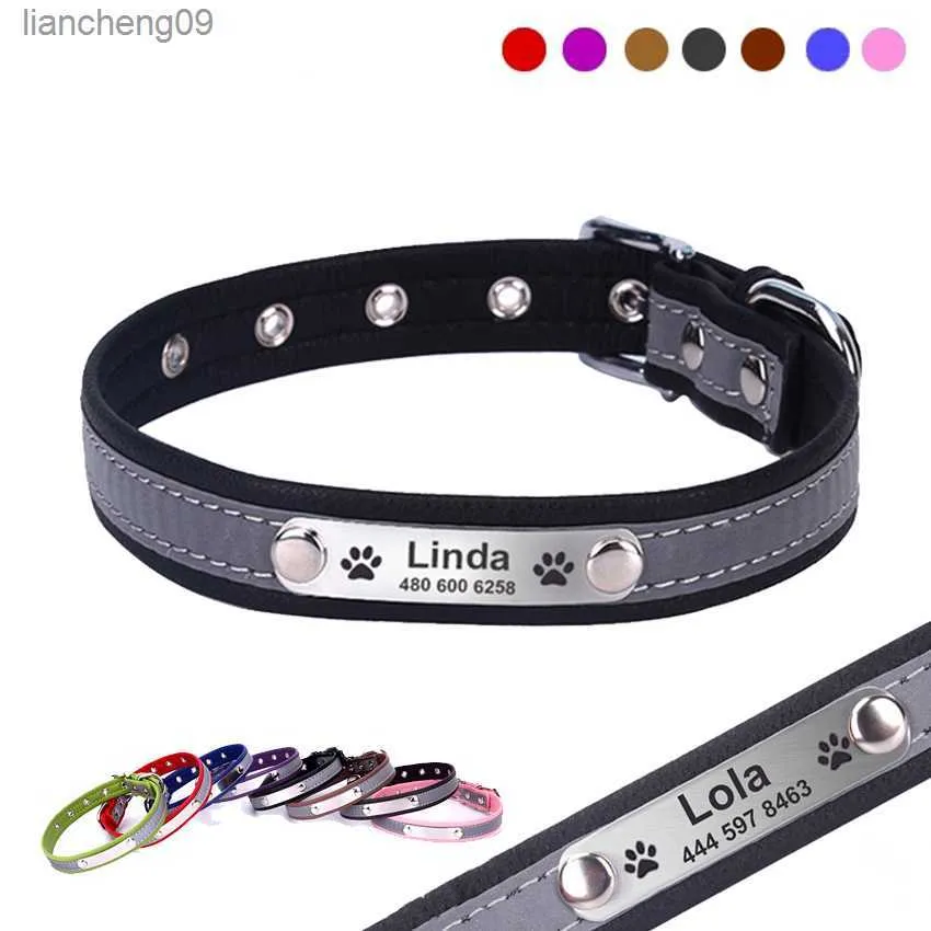 Personalized Leather Dog Collar Reflective Cat Collar Custom Engraved ...