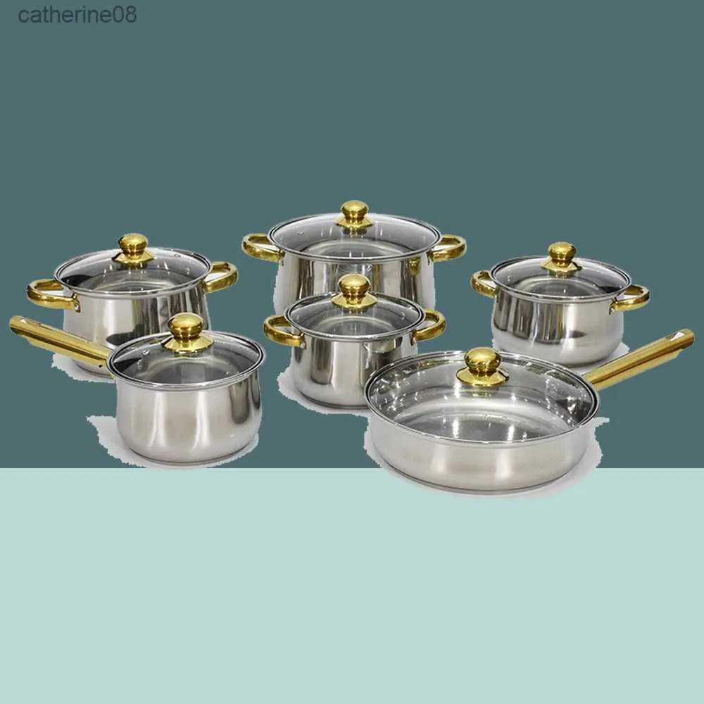 DHgate.com:Uncoated Stainless Steel 12-Piece Golden Handle Pot Set with ...
