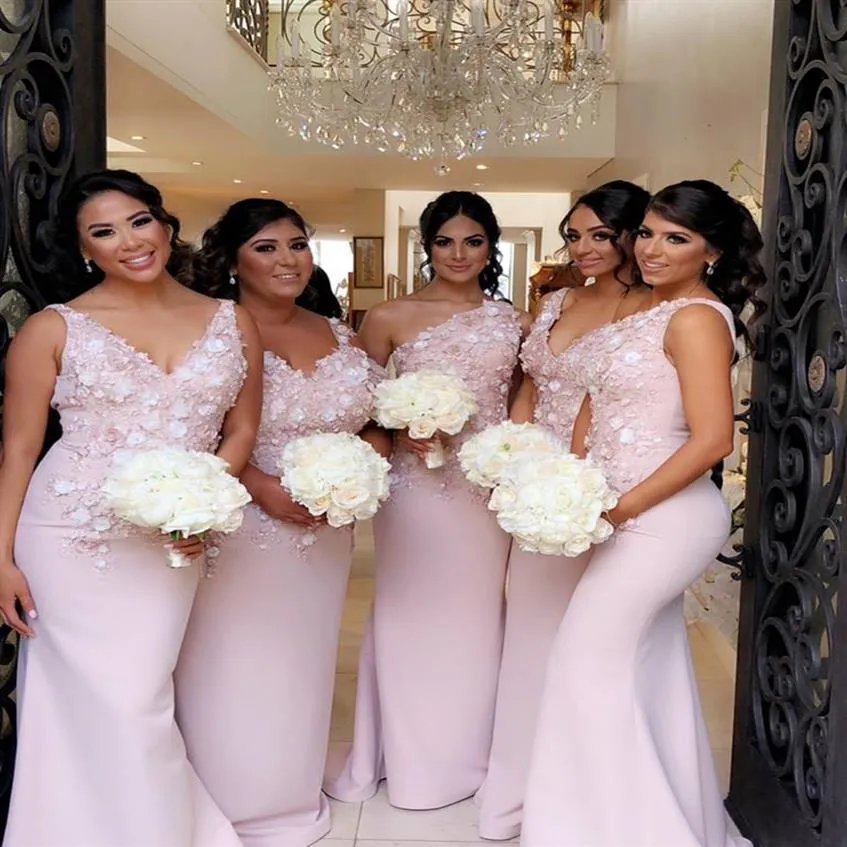 Light Pink Mermaid Pale Pink Bridesmaid Dresses With 3d Flowers V Neck