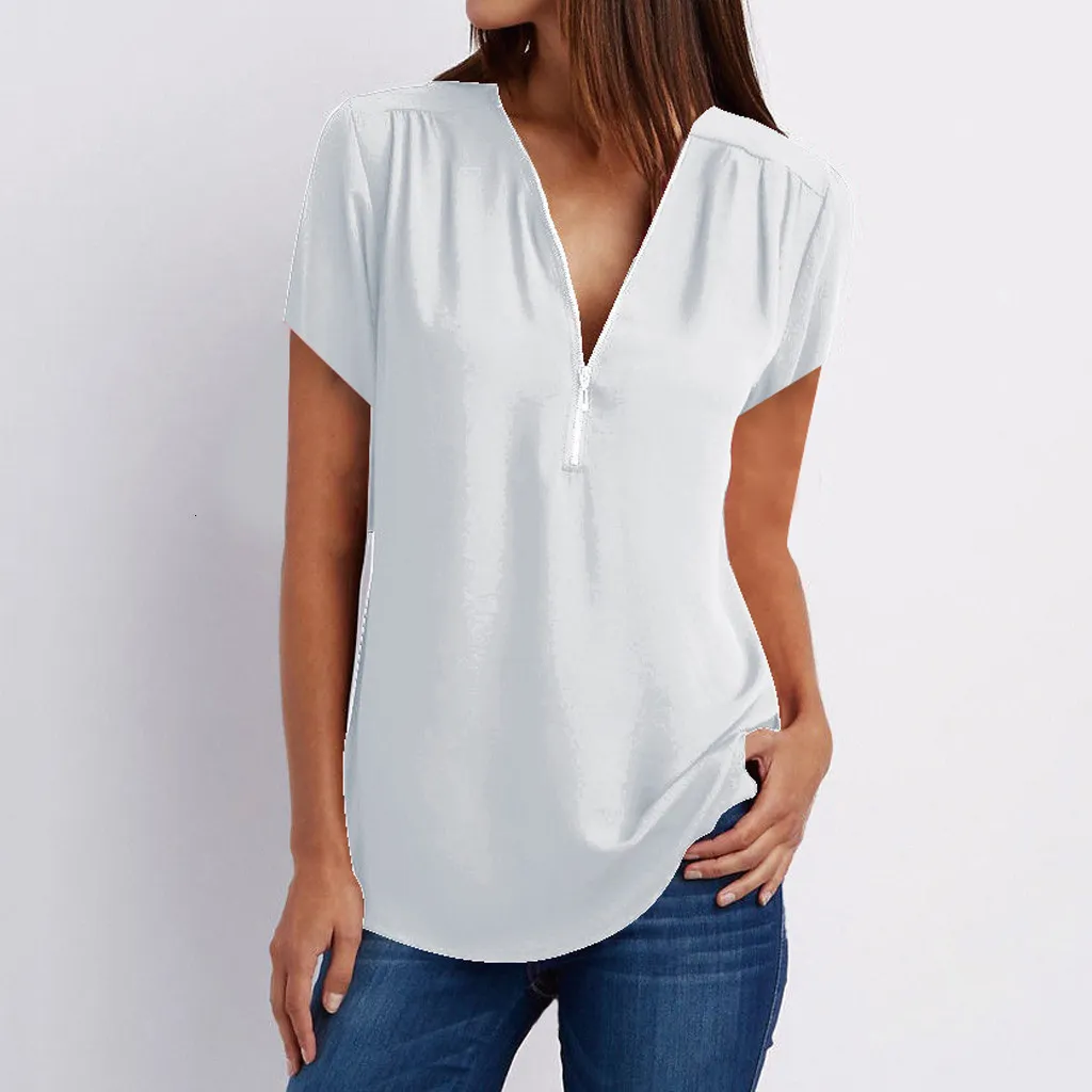 DHgate.com:Casual Solid Color V-Neck Blouses for Women - Summer Zipper ...
