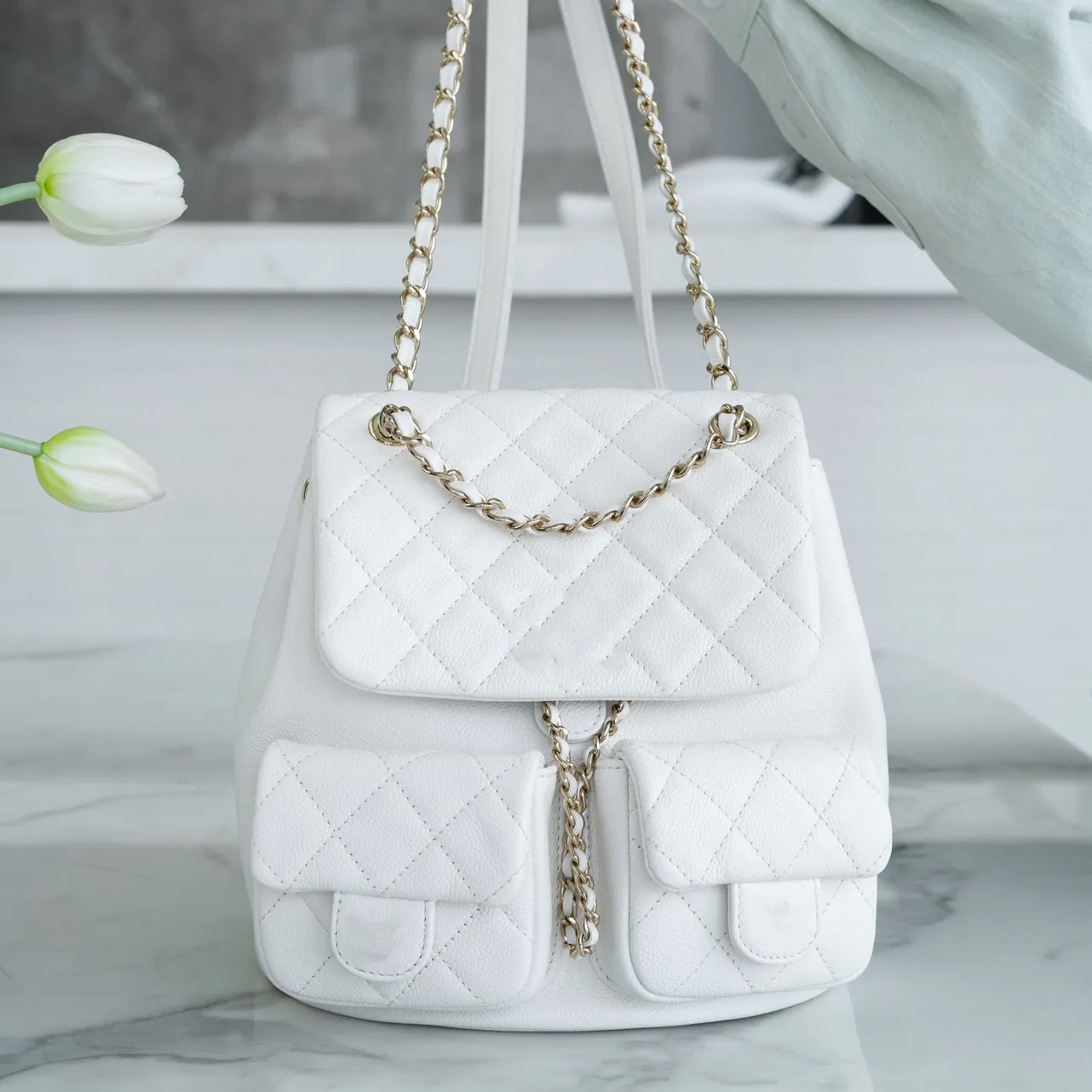 Gold Hardware Double Flip Quilted Sheepskin Pearl Bag With Metal Woven ...