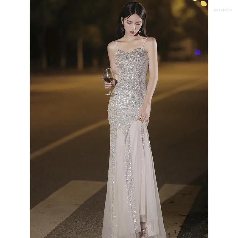 DHgate.com:DSP Strap Sweetheart Silver Sequin Mermaid Prom Dress Long ...