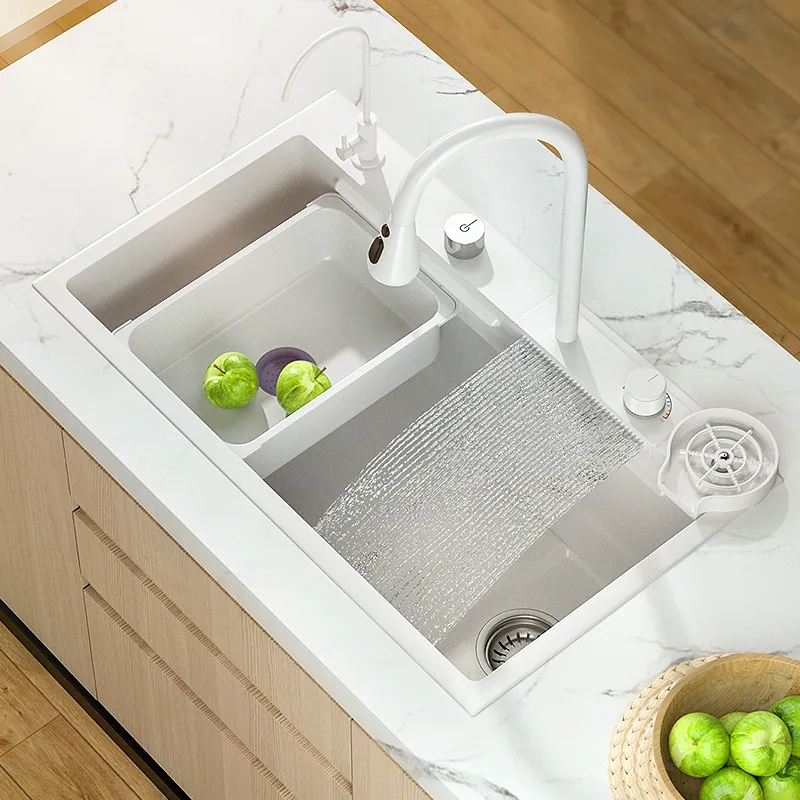 Multifunctional White Nano 304 Stainless Steel Waterfall Kitchen Sink ...