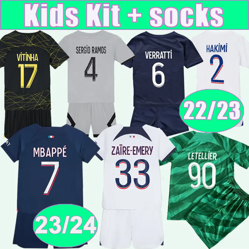 23 24 Mbappe Sergio Ramos Kids Kit Soccer Jerseys 22 23 Kimpembe Home ...