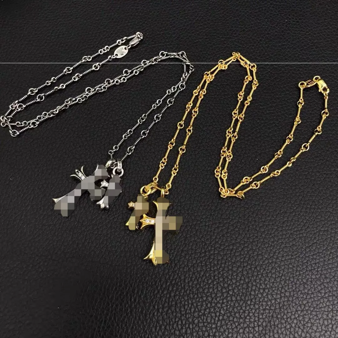 Vintage Diamond-Encrusted Double Cross Necklace, European and American ...