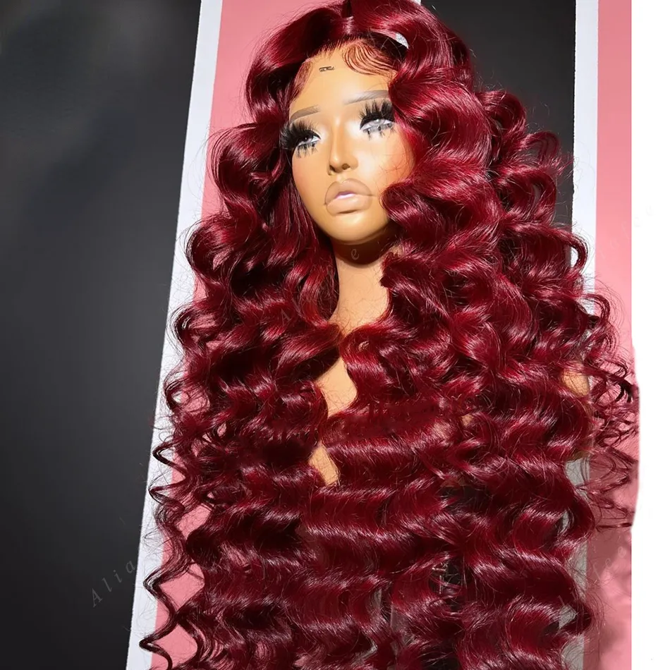 Burgundy Loose Deep Wave Wig 180 Density, 99J Closure, Glueless, 13x4 ...