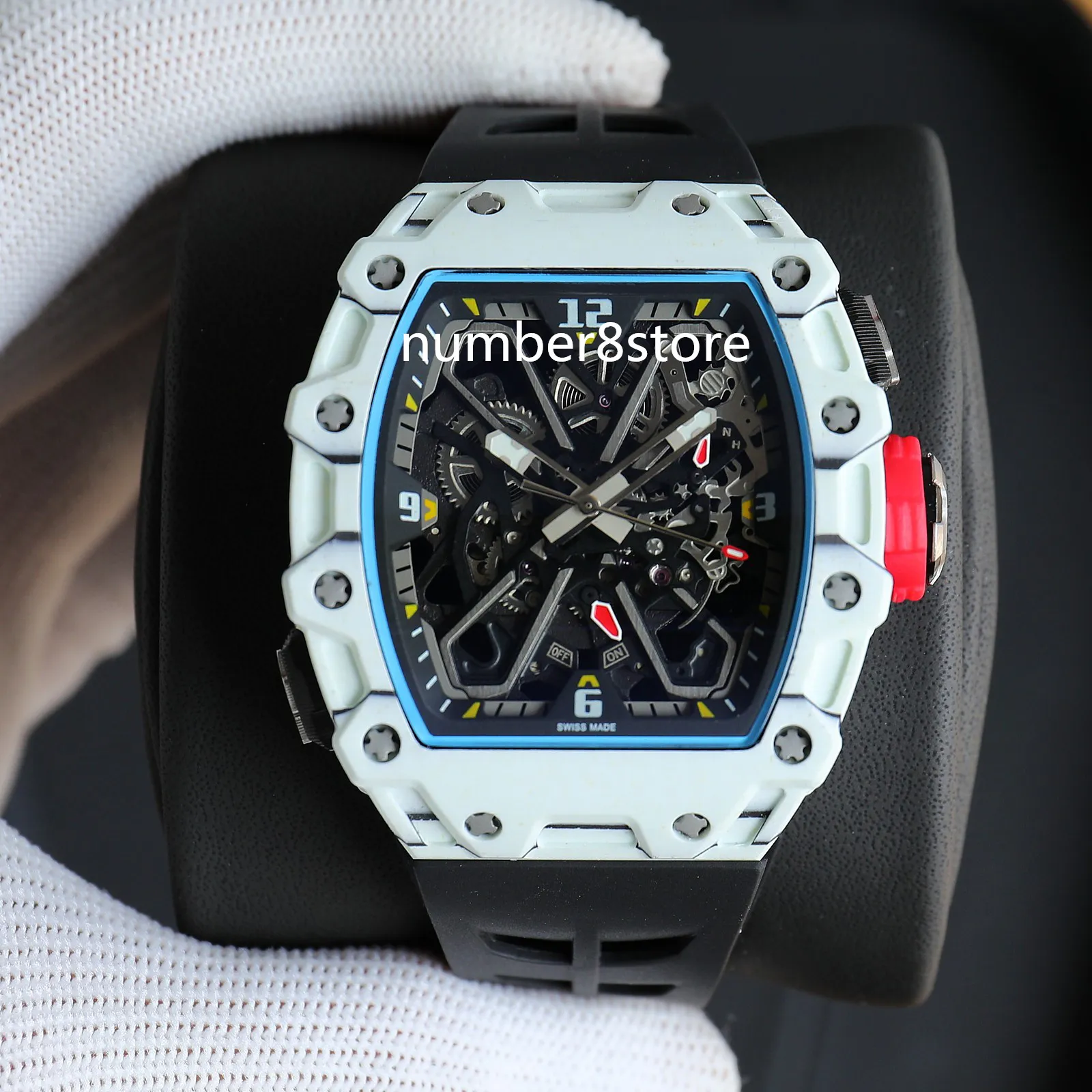 Luxury Blue Automatic Sports Watch With Skeleton Dial, White Carbon ...