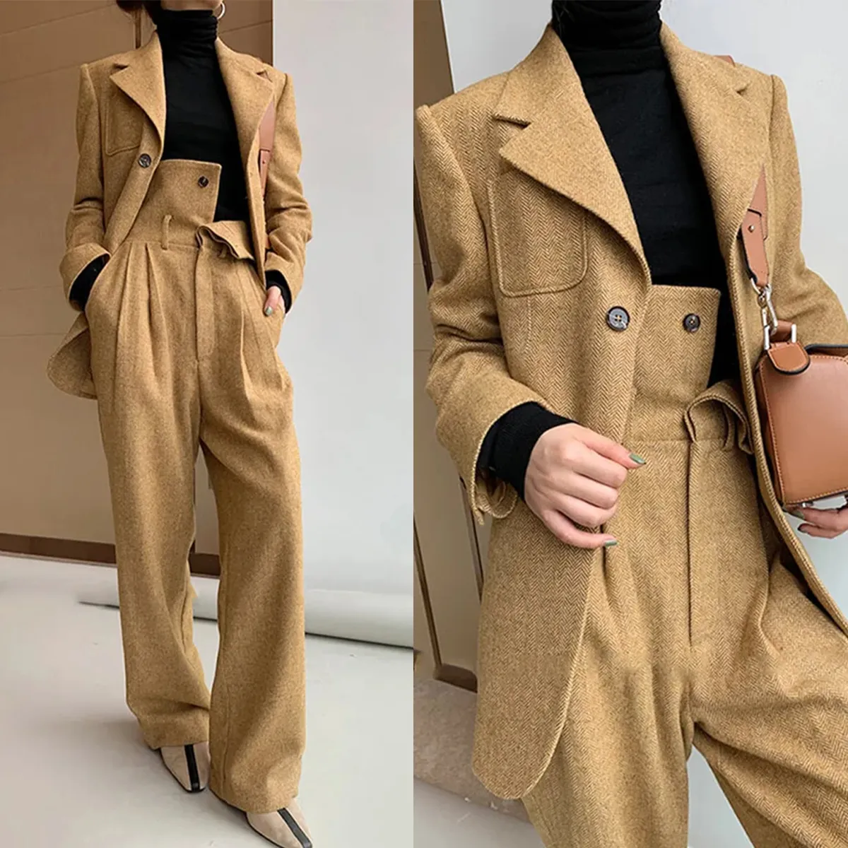 Winter Wool Suit Set - Women's Woolen Blazer & Wide Leg Pants, Custom ...