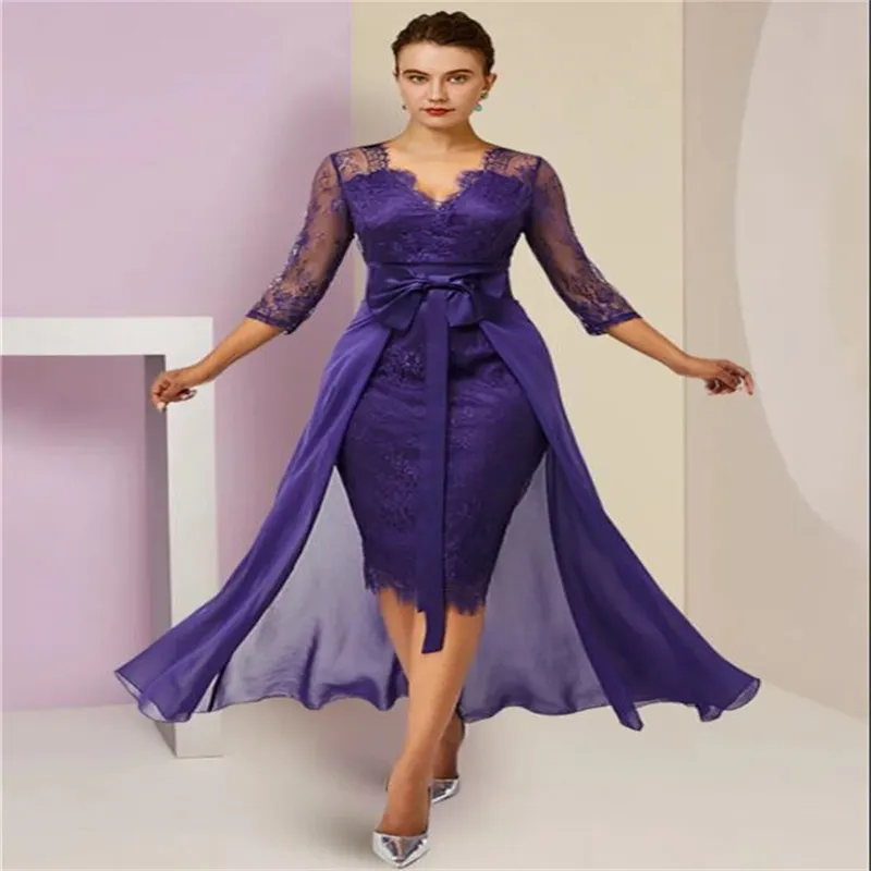 Lace Purple Mother of the Bride Dress with Cape High Collar Zipper Back ...