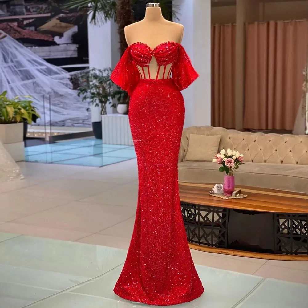 Red Off Shoulder Mermaid Red Sequin Prom Dress With Illusion Bodice