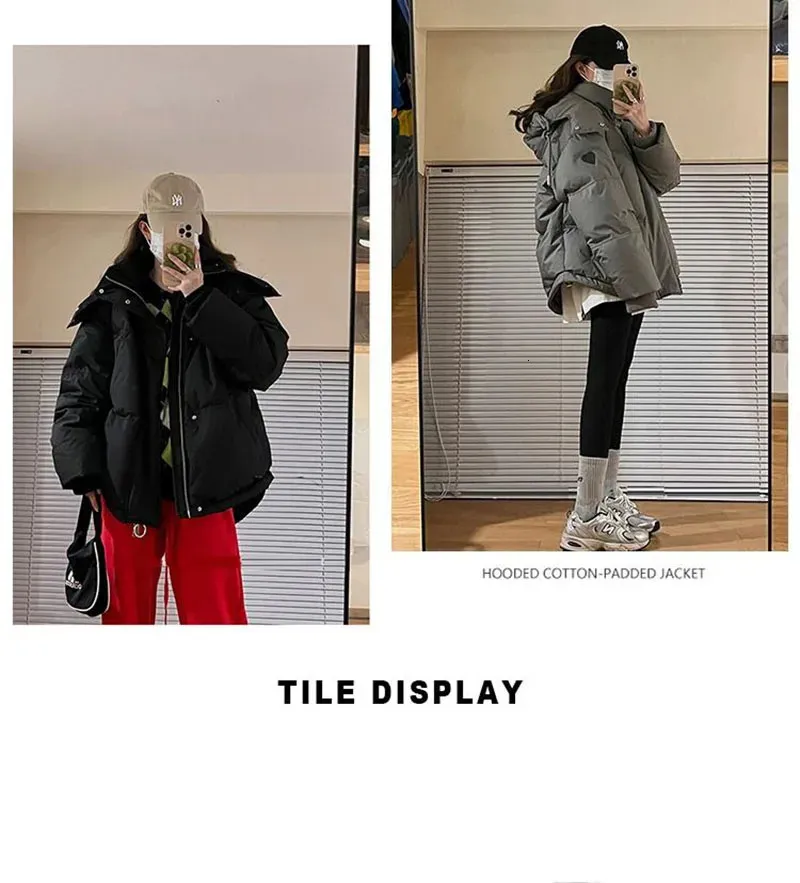 Women's Down Parka Gery Cotton Jacket, Winter Hooded Loose Puffer Coat ...