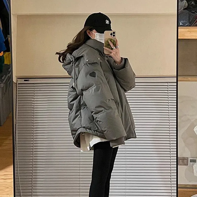 Women's Down Parka Gery Cotton Jacket, Winter Hooded Loose Puffer Coat ...