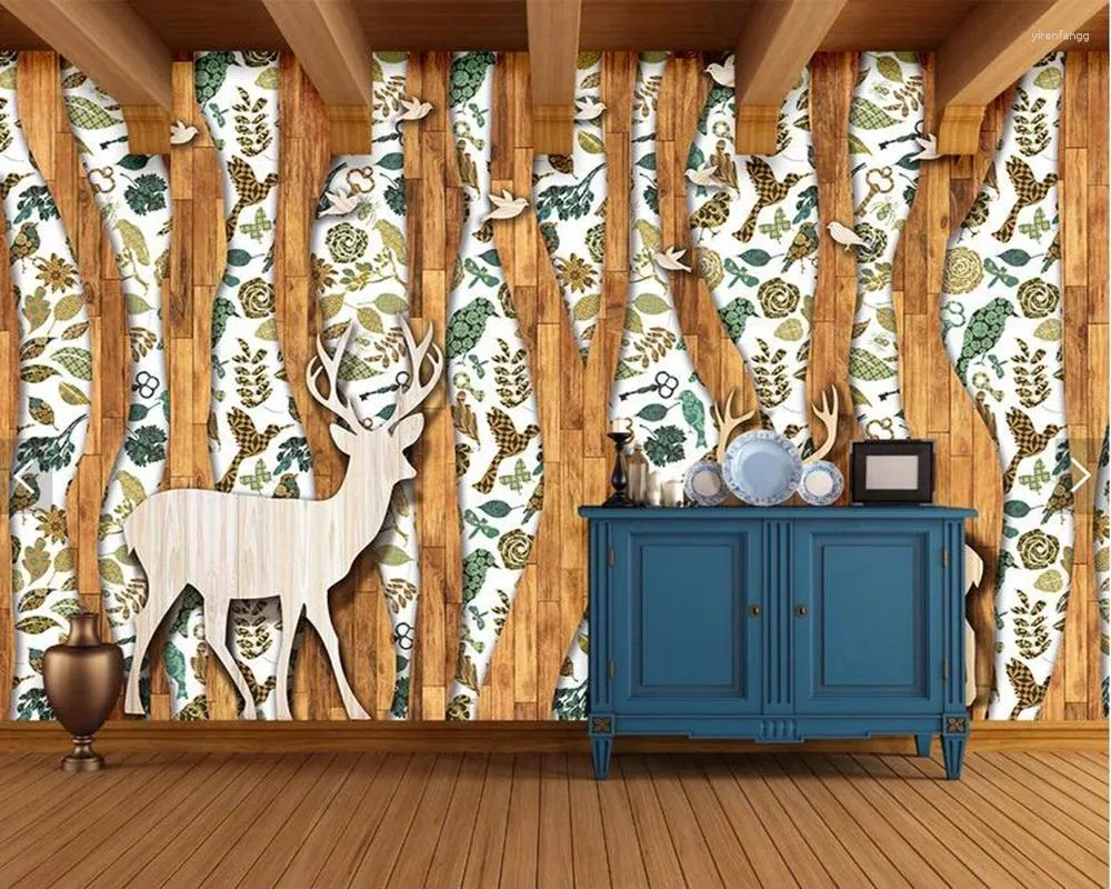 Custom Wood Texture Forest Elk And Bird Murals Forest Wallpaper For ...