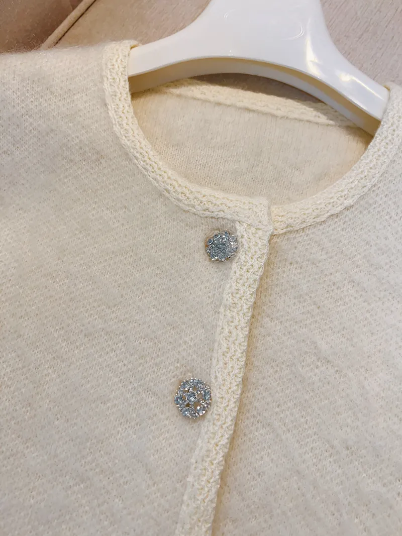 Ivory Knitted Cardigan Sweater - Long Sleeve, Double Pocket Design ...