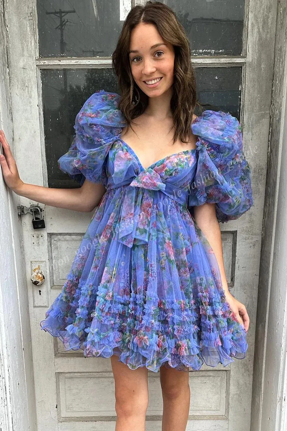 Floral Chiffon Homecoming Butterfly Dress With Ballon Sleeves, Ruffles ...
