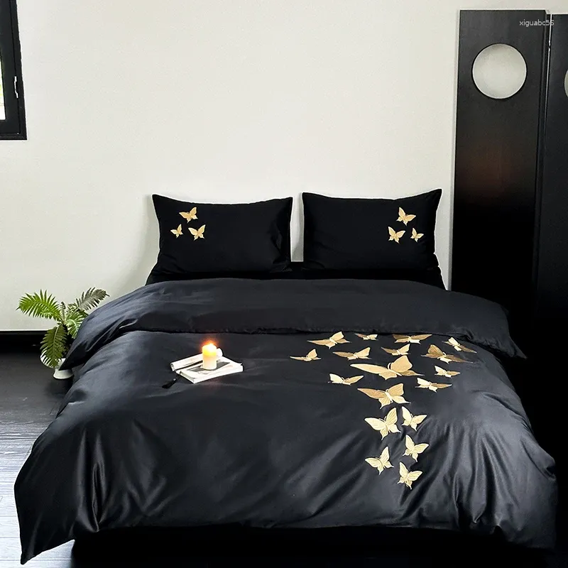 Luxury Egyptian Cotton Black And Gold Bedding With Gold Butterfly