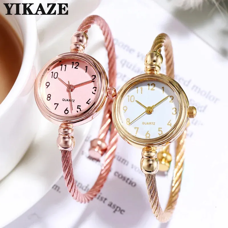 Womens Small Gold Bangle Bracelet Watch Stainless Steel Quartz Round ...