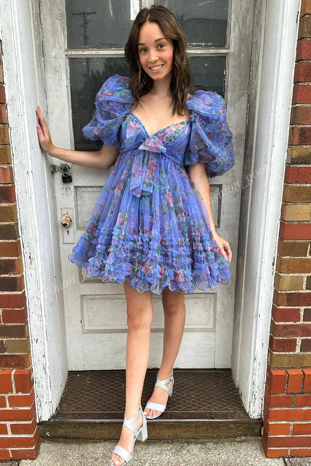 Floral Chiffon Homecoming Dress Ruffle Skirt, Balloon Sleeves Babydoll ...