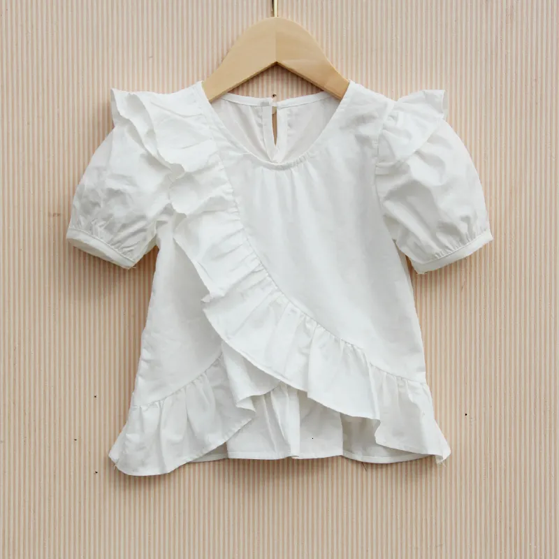Korean Puff Sleeve Girls Ruffle Shirt Cute Solid White Ruffled Top For ...
