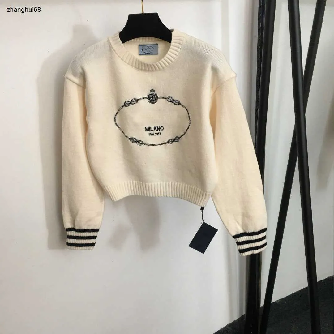Embroidered Letters Long Sleeve Beige Knit Sweater For Women Designer ...