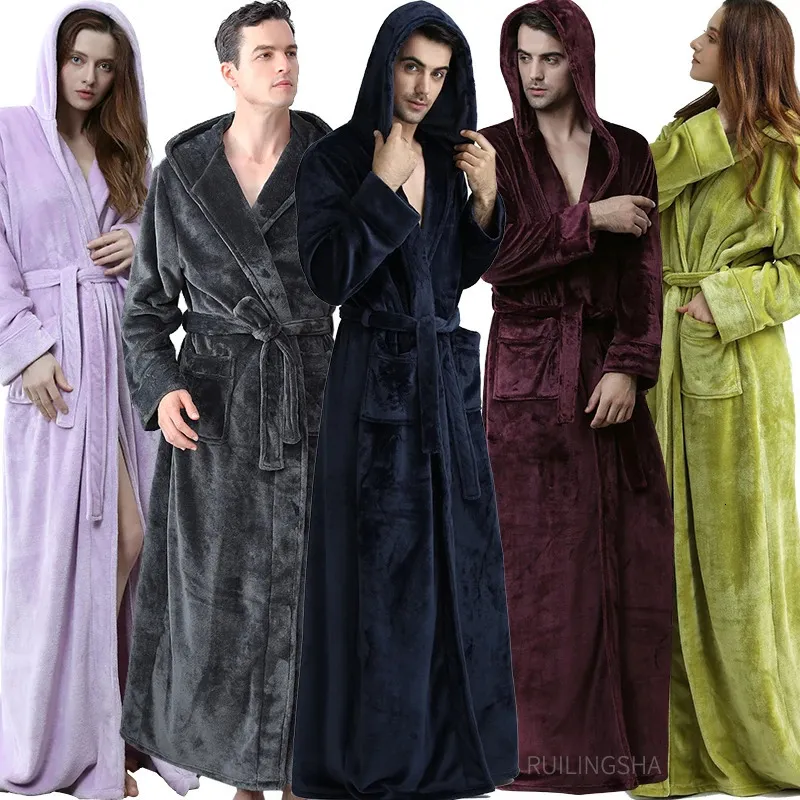 Men's Hooded Flannel Robe, Long Winter Bathrobe, Warm Plus Size Coral ...