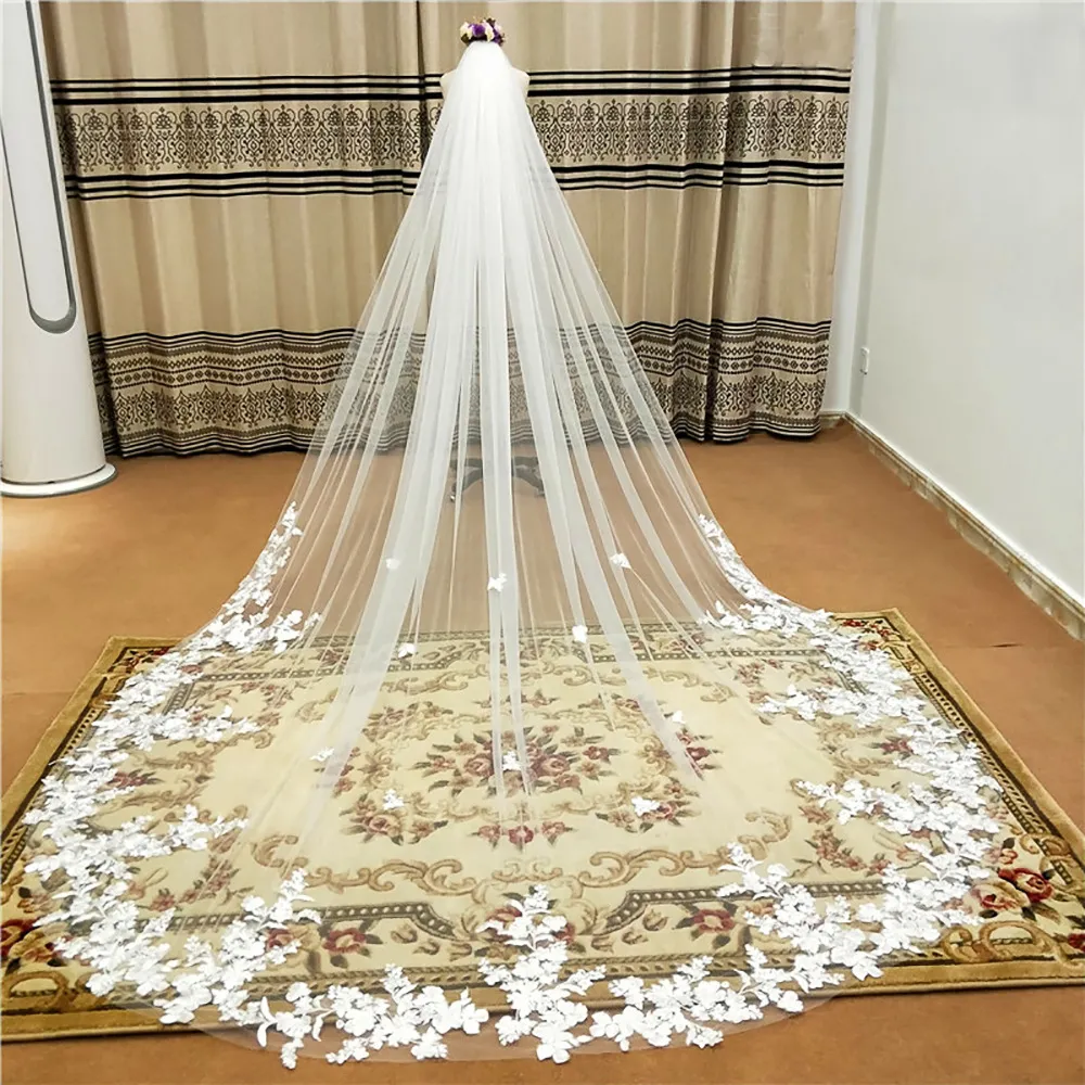 Real Photo 5m One Layer Cathedral Wedding Veil with Comb, White Lace ...