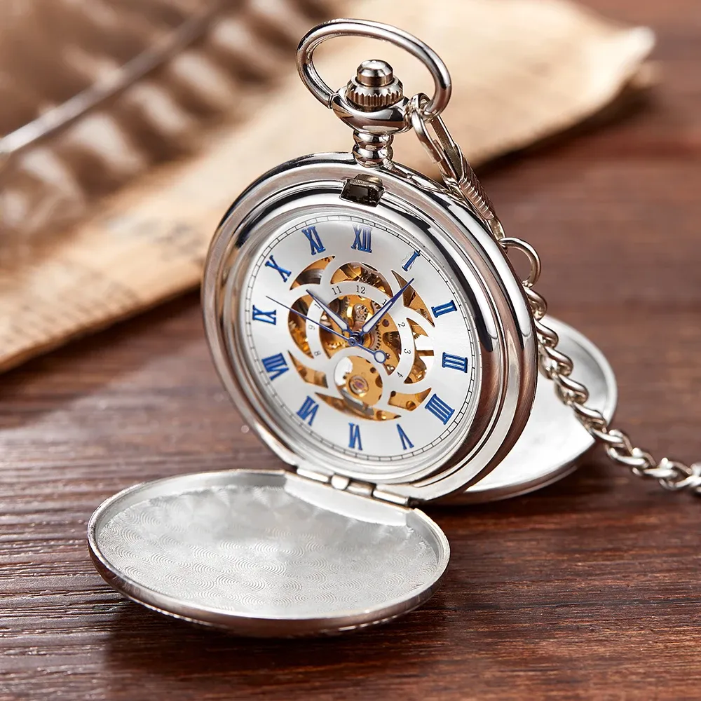 DHgate.com:Mens Unique Flip Pocket Watch with FOB Chain, Skeleton ...