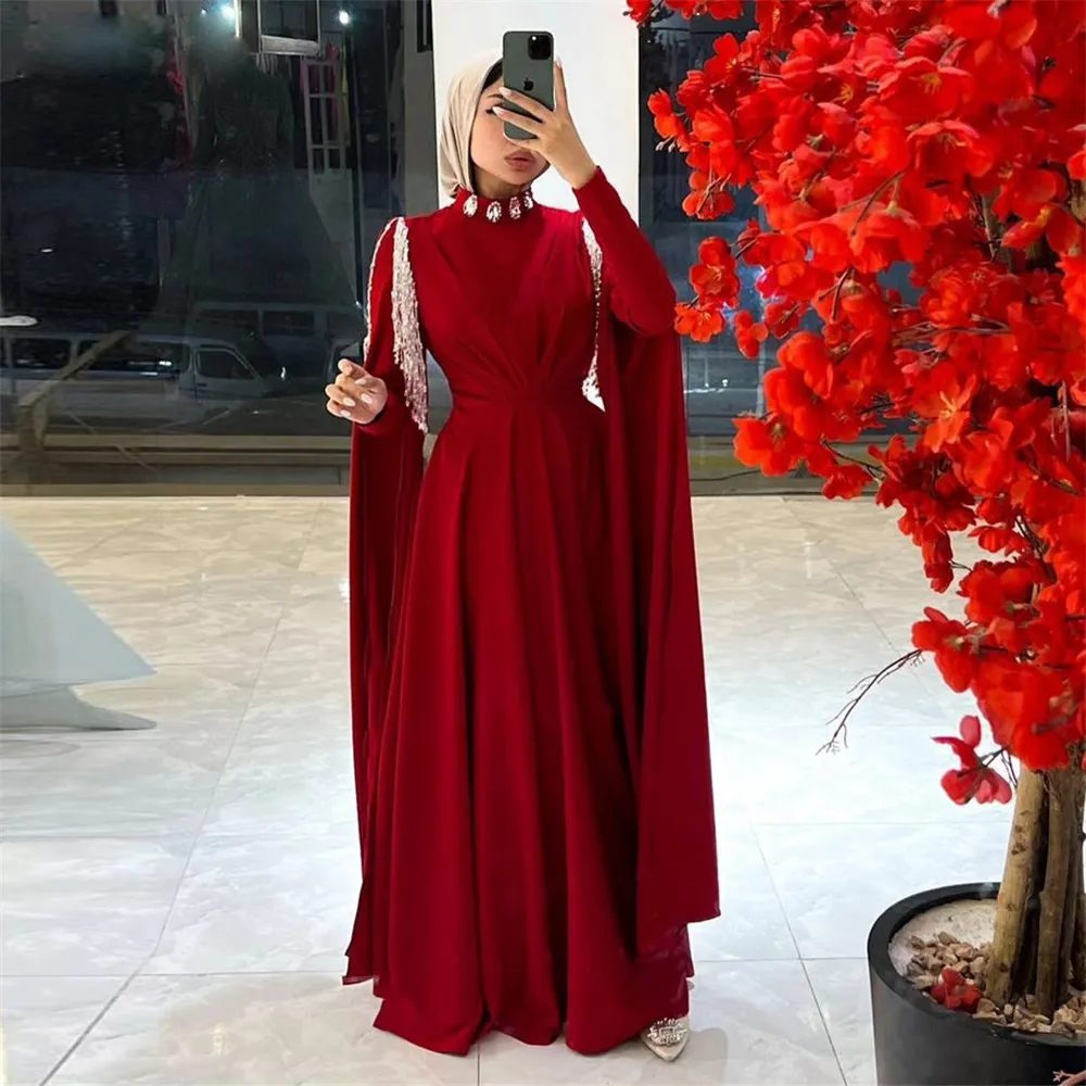 Arabic Dubai Formal Party Gown: Red Teassel Beaded High Collar A Line ...