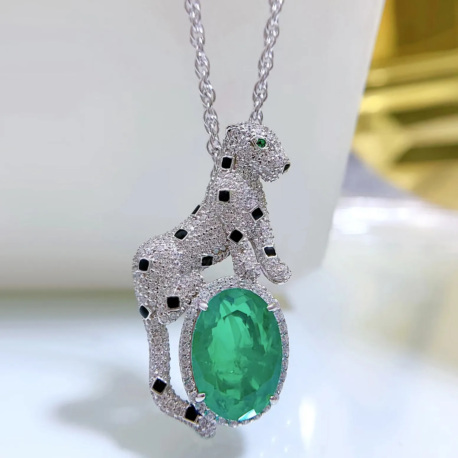 Leopard Emerald Diamond Pendant Necklace 100% Real 925 Sterling Silver ...