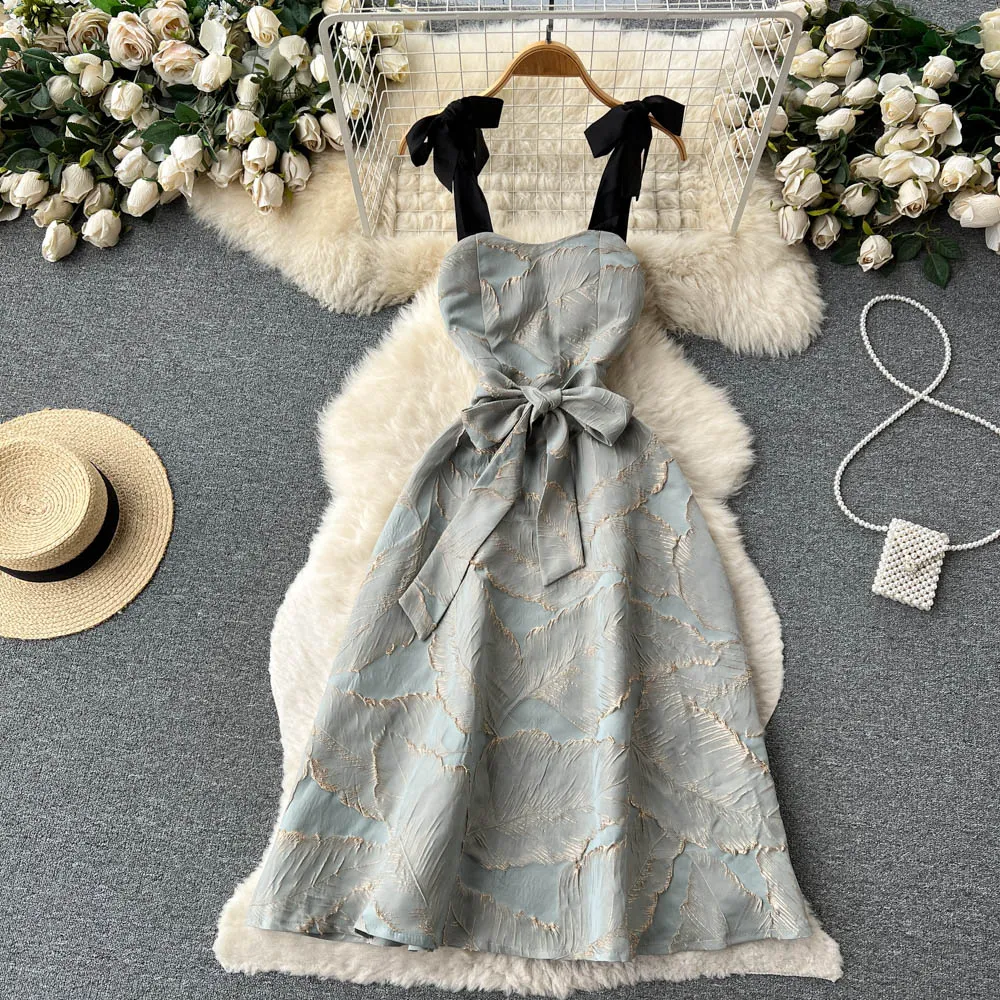 Wathet Jacquard Robe D'été A Line Avec Nœud Papillon Pour Tenue ...