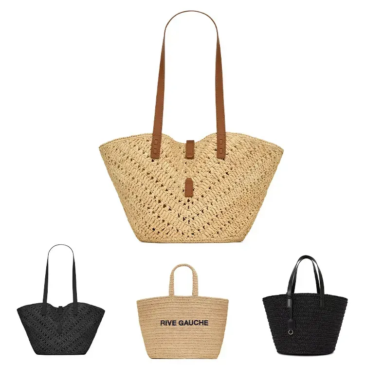 Large Rive Gauche Straw Beach Tote: Raffia Woven Fashion Shoulder ...