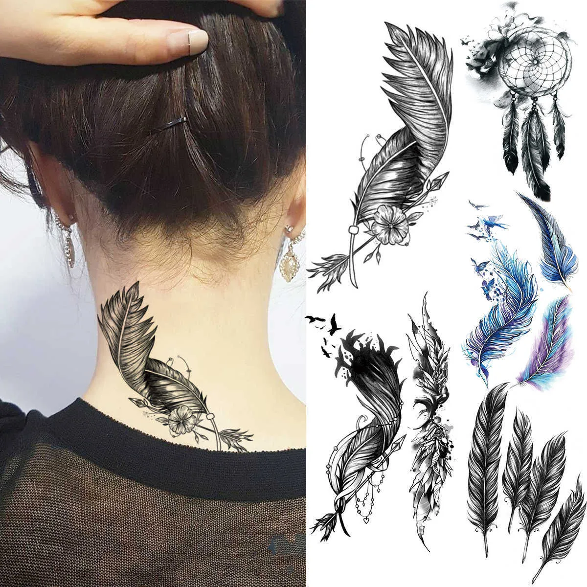 Personalized Temporary Tattoos, Black Feather Neck Decals Dream Catcher ...