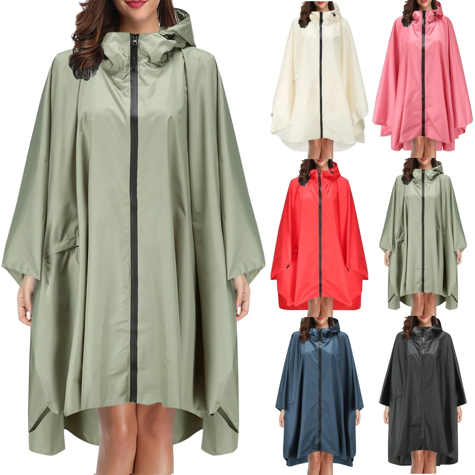 Raincoats Women's Wave Long Raincoat Outdoor Solid Waterproof Hoodie ...