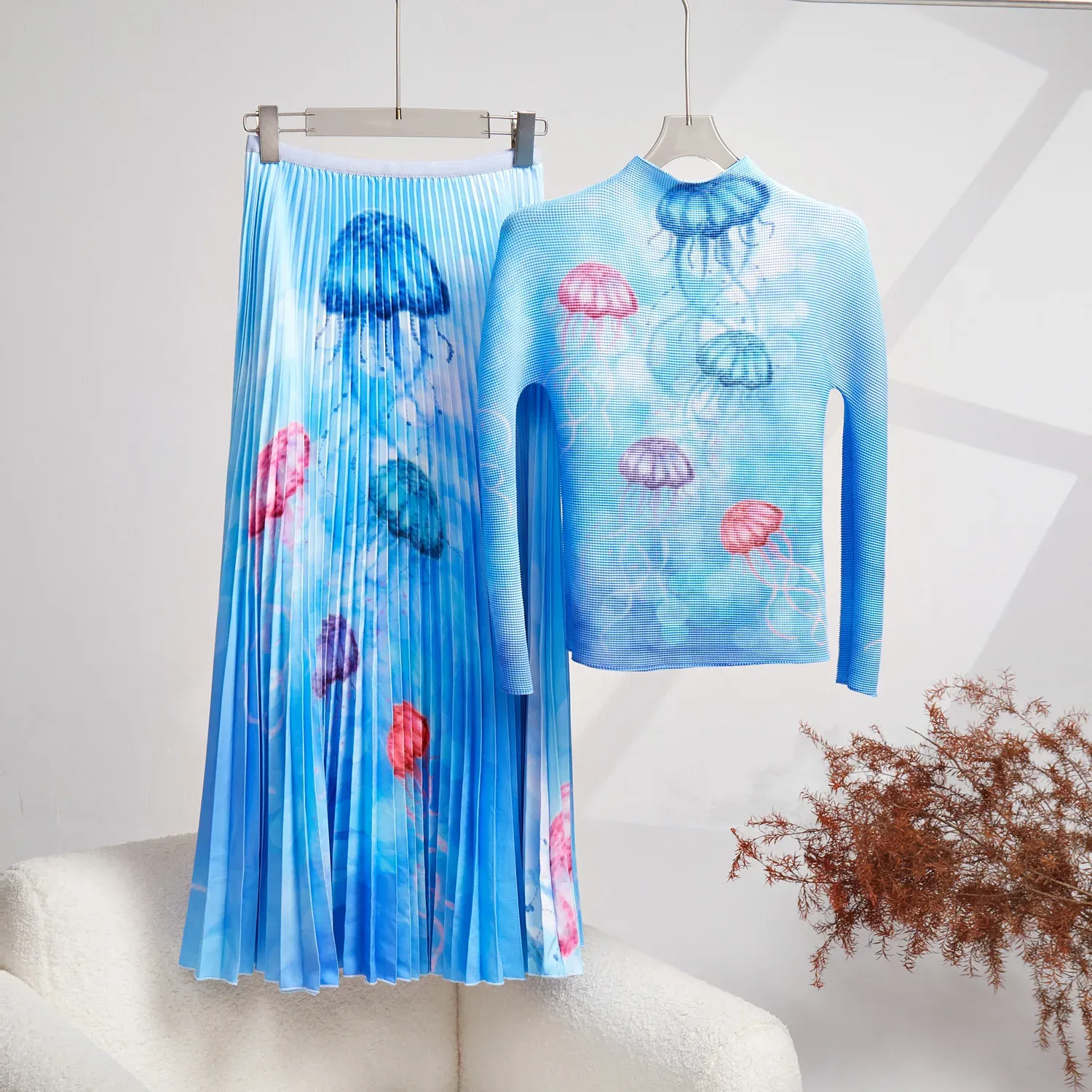 Women's Two Piece Pleated Dress Set Casual Party Suit, Long Sleeve T ...