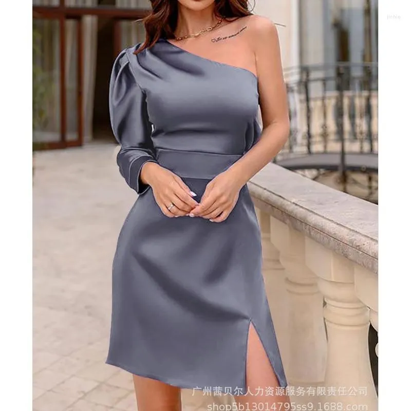 Casual Dresses Women Slim Fit High Waist Slit Puff Sleeve One Shoulder ...