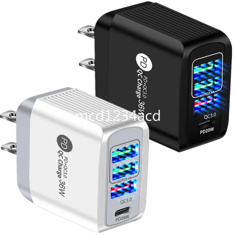 36W Fast Quick Chargers 4 Ports QC3.0 PD Type C USb C Wall Charger AC Home Travel Eu US Adapters ...