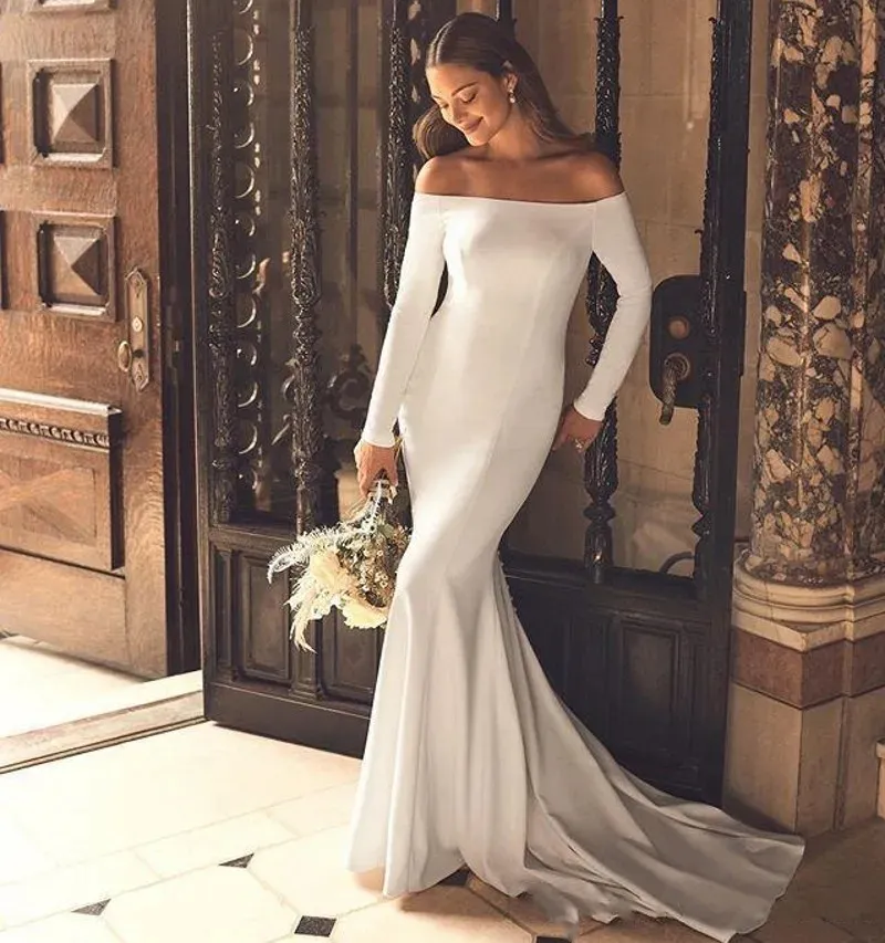 Soft Satin Mermaid Maxi Dress Wedding With Long Sleeves, Off Shoulder Design, And Button Back ...