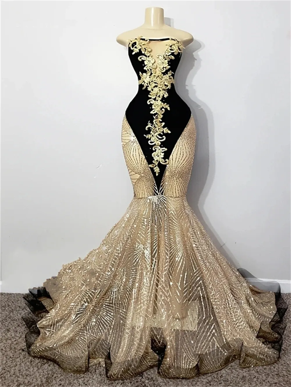 Black Mermaid Prom Dress With Beaded Lace Applique And Shinny Gold